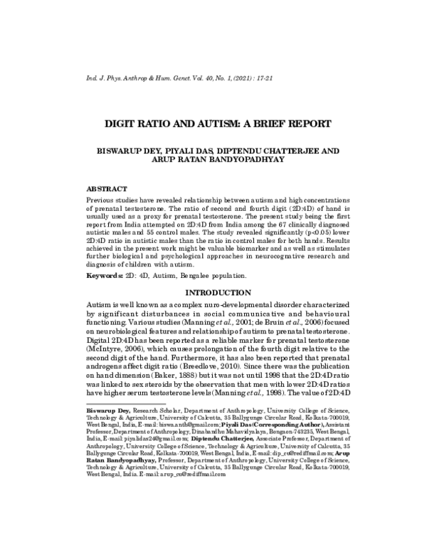 (PDF) DIGIT RATIO AND AUTISM: A BRIEF REPORT