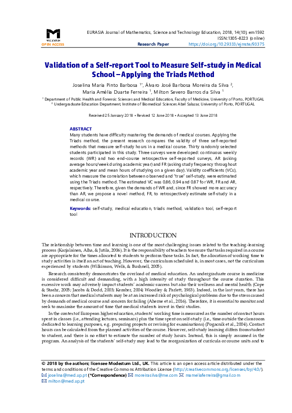 (PDF) Validation of a Self-report Tool to Measure Self-study in Medical School – Applying the ...