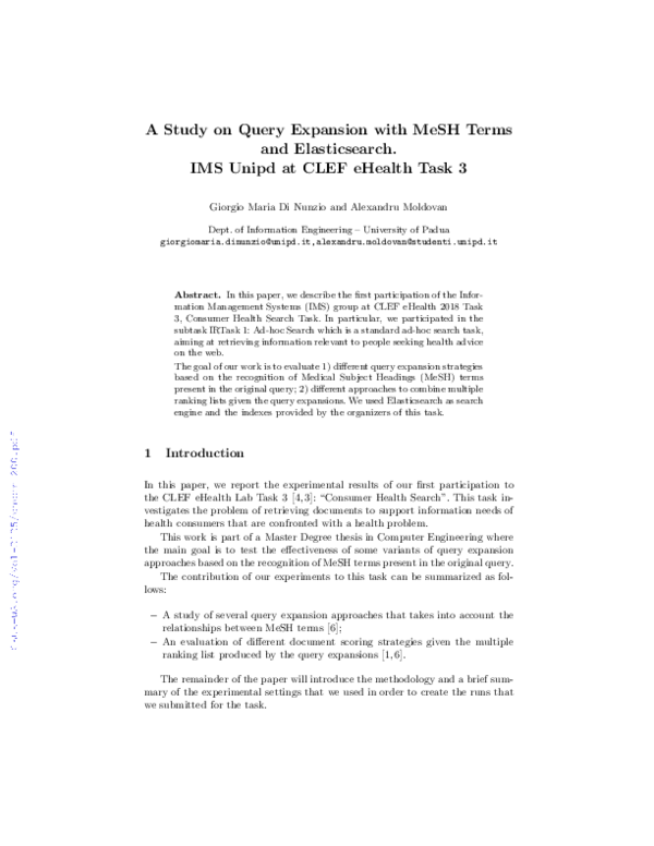 (PDF) A Study on Query Expansion with MeSH Terms and Elasticsearch. IMS Unipd at CLEF eHealth Task 3