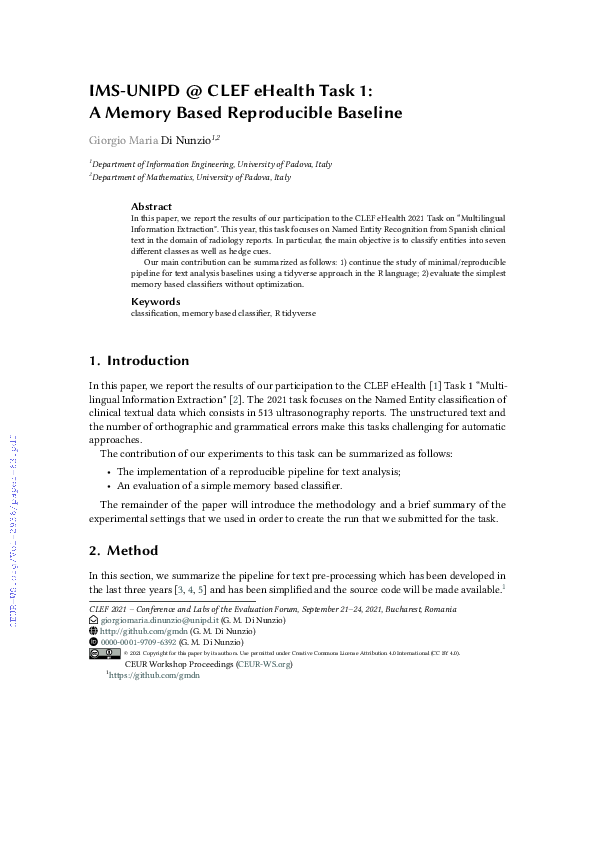 Pdf Ims Unipd Clef Ehealth Task 1 A Memory Based Reproducible Baseline