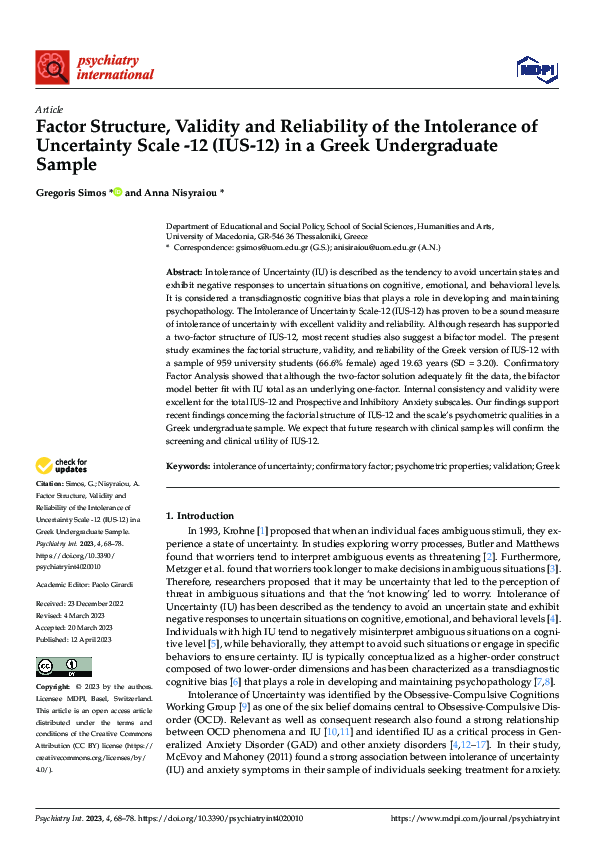 (PDF) Factor Structure, Validity and Reliability of the Intolerance of Uncertainty Scale -12 ...