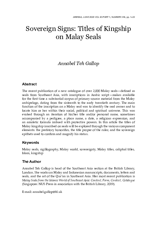 (PDF) Sovereign Signs: Titles of Kingship on Malay Seals