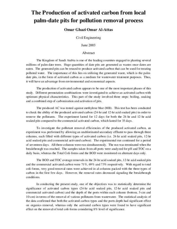 (PDF) The Production of activated carbon from local palm-date pits for pollution removal process