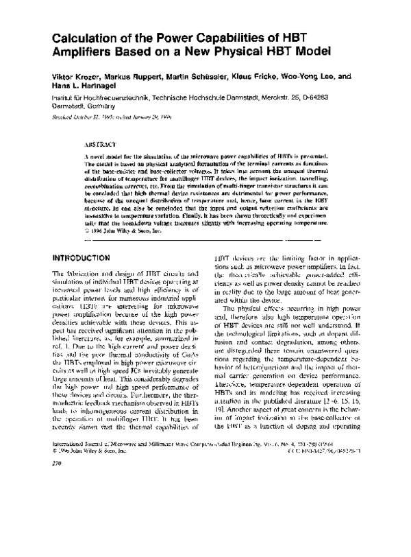 (PDF) Calculation of the power capabilities of HBT amplifiers based on a new physical HBT model