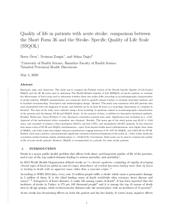 (PDF) Quality of life in patients with acute stroke: comparison between the Short Form 36 and ...