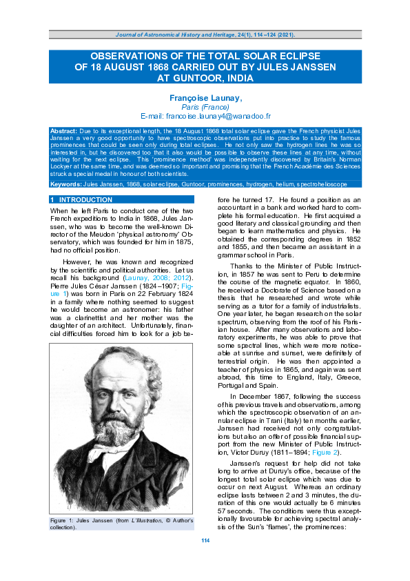 (PDF) Observations of the Total Solar Eclipse of 18 August 1868 Carried Out by Jules Janssen at ...