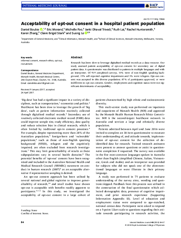 (PDF) Acceptability of opt-out consent in a hospital patient population