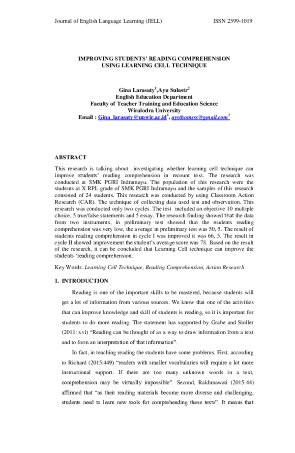 (PDF) Improving Students’ Reading Comprehension Using Learning Cell Technique