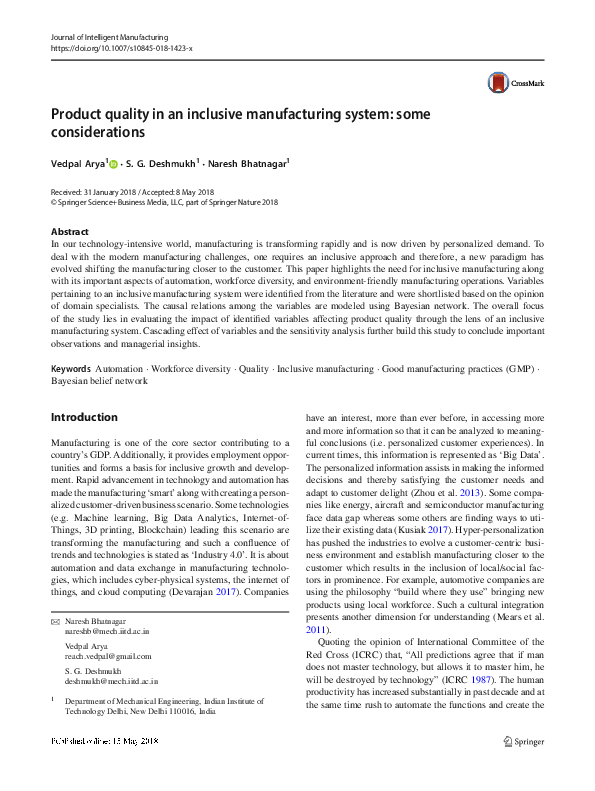 (PDF) Product quality in an inclusive manufacturing system: some ...