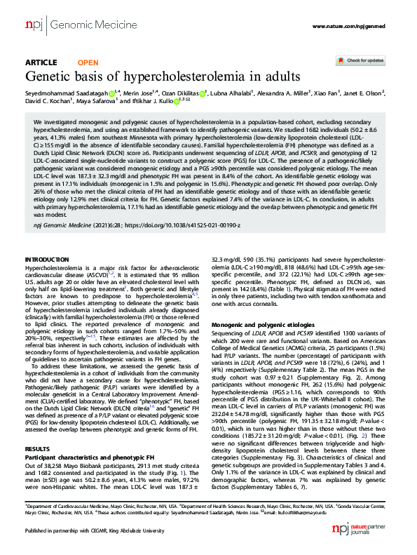 (PDF) Genetic basis of hypercholesterolemia in adults