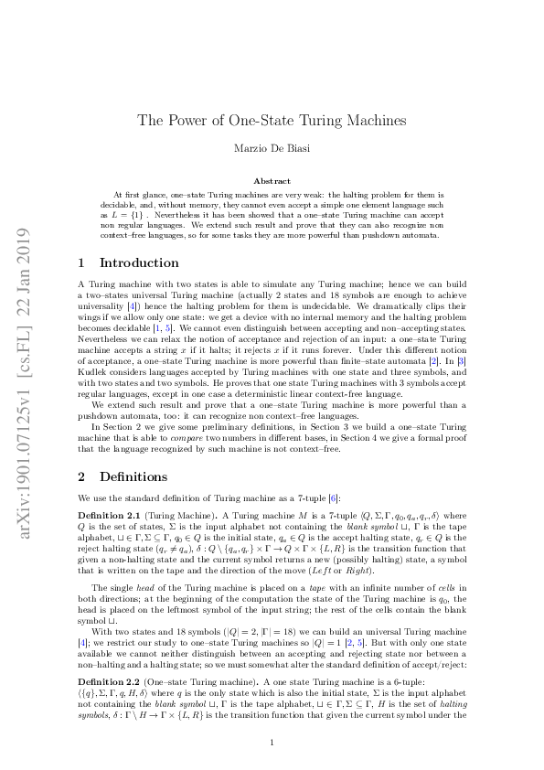 (PDF) The Power of One-State Turing Machines