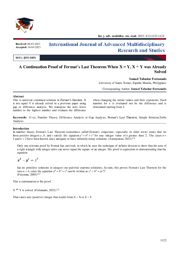 (PDF) A Continuation Proof of Fermat's Last Theorem When X = Y, X Y was ...