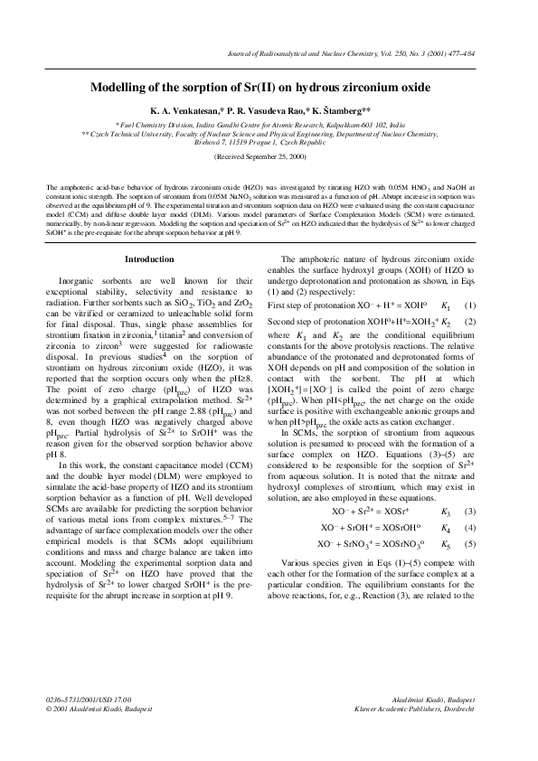 Pdf Modelling Of The Sorption Of Sr Ii On Hydrous Zirconium Oxide