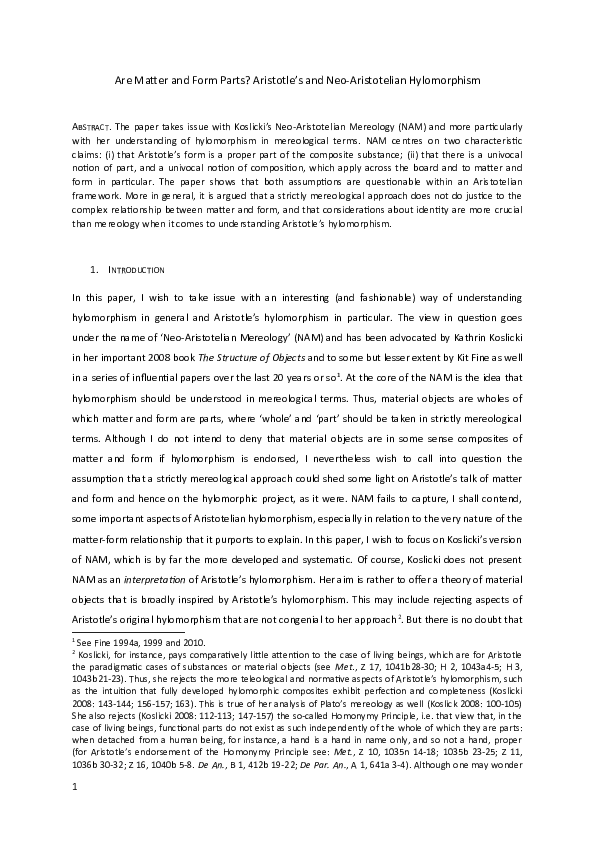 (DOC) Are Matter and Form Parts? Aristotle's and Neo-Aristotelian ...