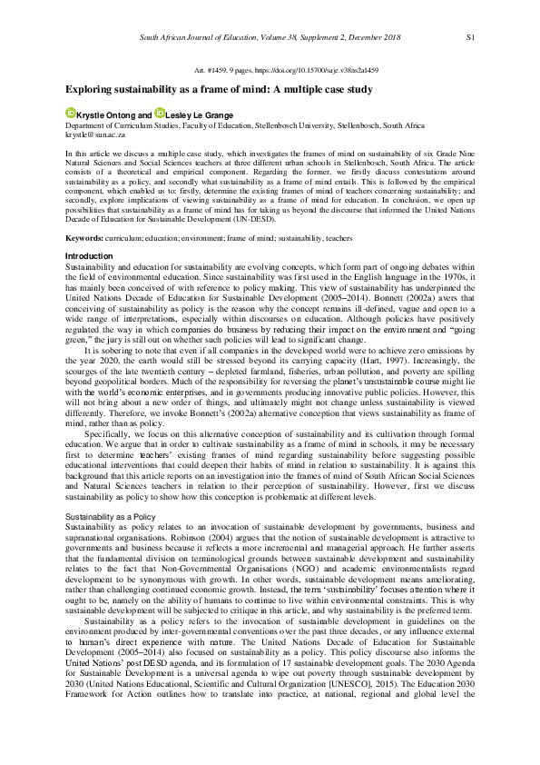 (PDF) Exploring sustainability as a frame of mind: A multiple case study
