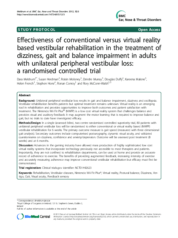 (PDF) Effectiveness of conventional versus virtual reality based vestibular rehabilitation in ...