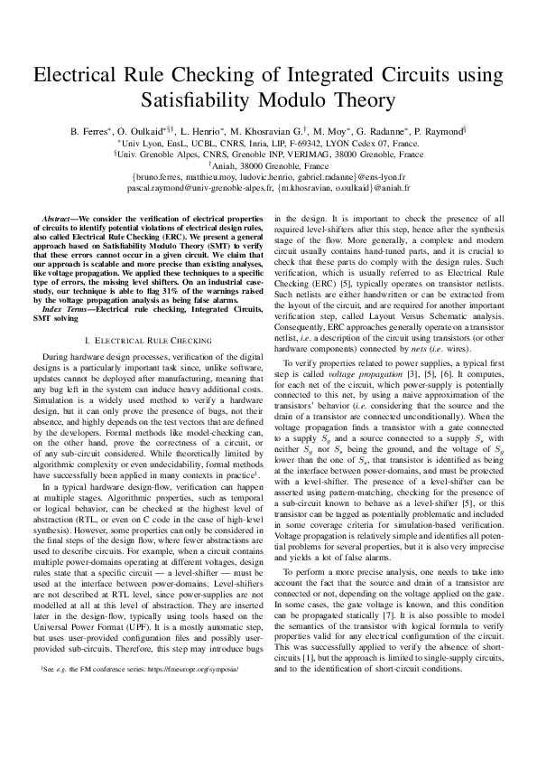 (PDF) Electrical Rule Checking of Integrated Circuits using Satisfiability Modulo Theory