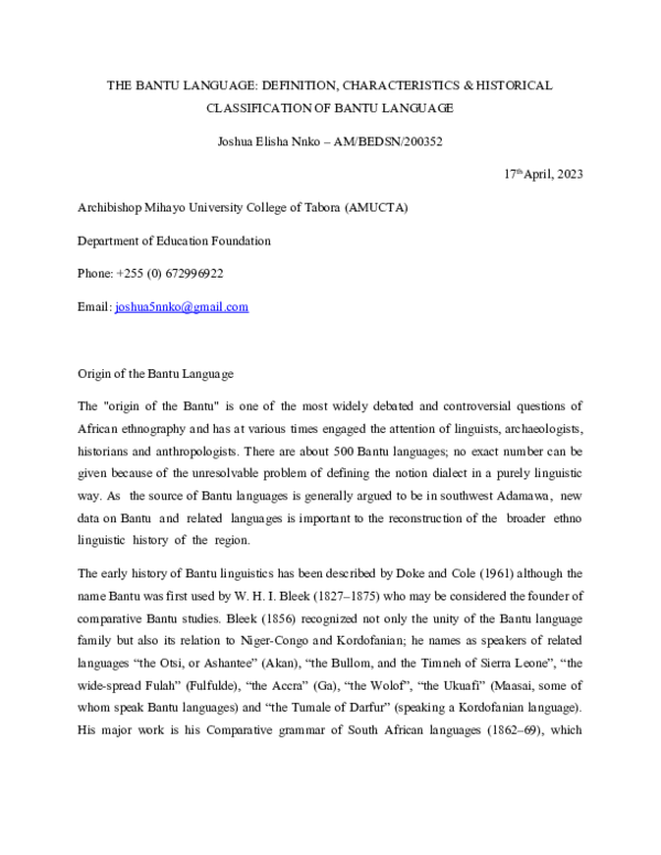 (DOC) THE BANTU LANGUAGE: DEFINITION, CHARACTERISTICS & HISTORICAL ...