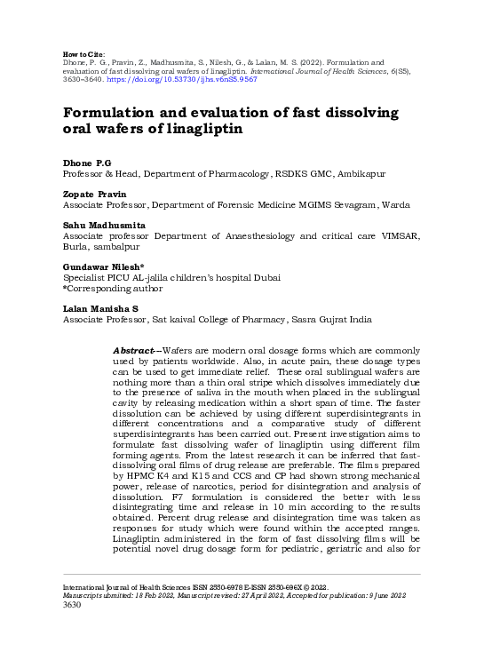 Pdf Formulation And Evaluation Of Fast Dissolving Oral Wafers Of Linagliptin