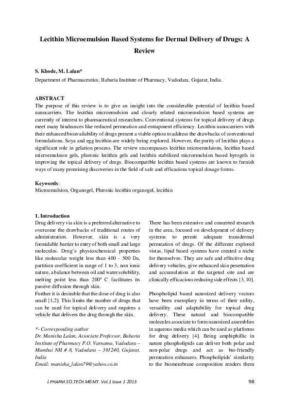 (PDF) Lecithin microemulsion based systems for dermal delivery of drugs: a review