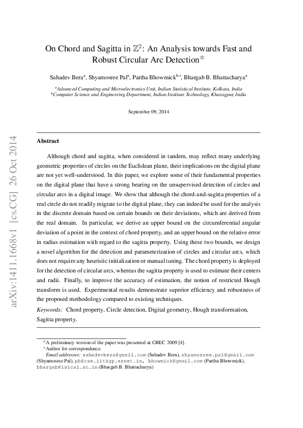 (PDF) On Chord and Sagitta in Z 2 : An Analysis towards Fast and Robust Circular Arc Detection