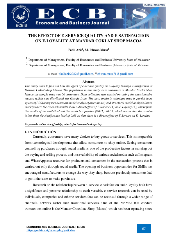 (PDF) The Effect of e-Service Quality And e-Satisfaction on e-Loyality at Mandar Coklat Shop ...