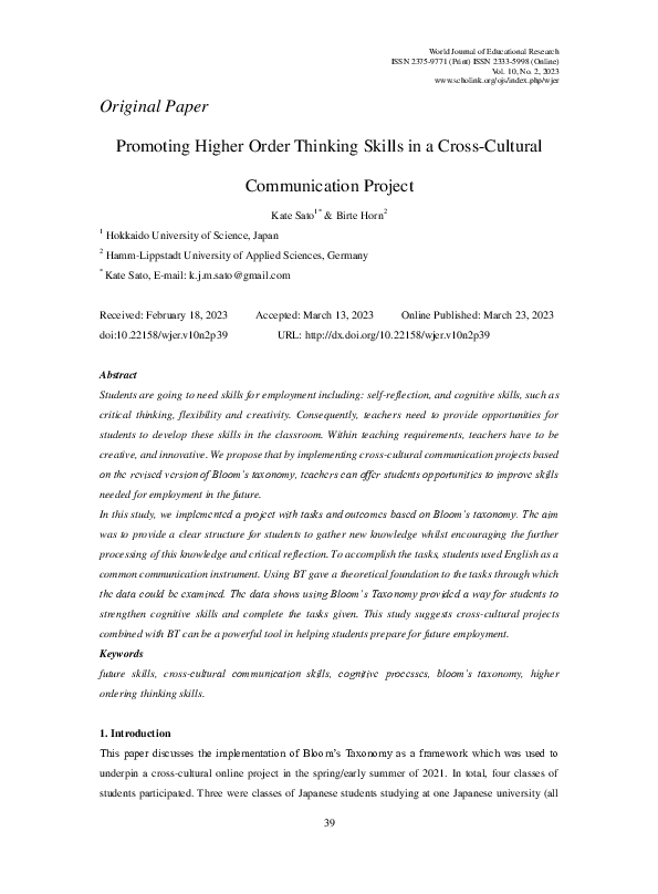 (PDF) Promoting Higher Order Thinking Skills in a Cross-Cultural ...