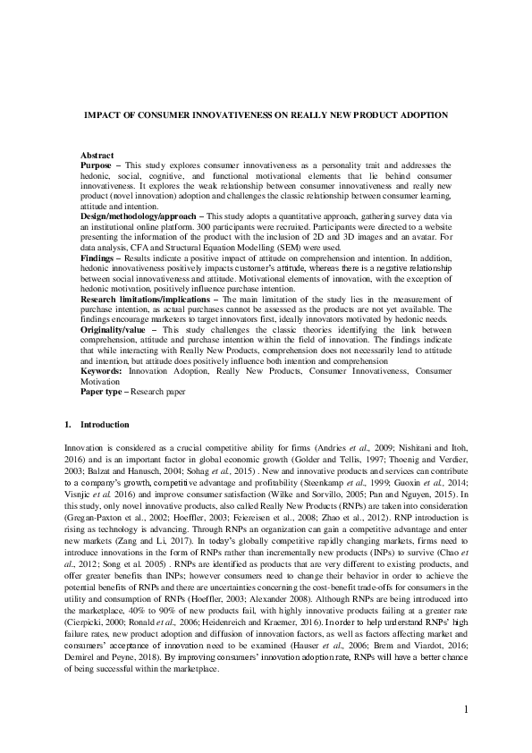 (PDF) Impact of consumer innovativeness on really new product adoption