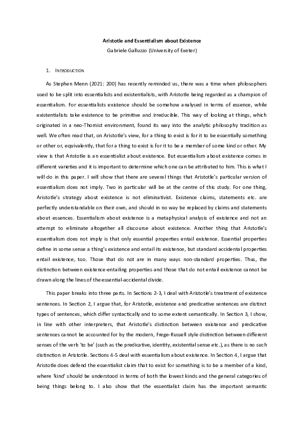 (DOC) Aristotle and Essentialism about Existence