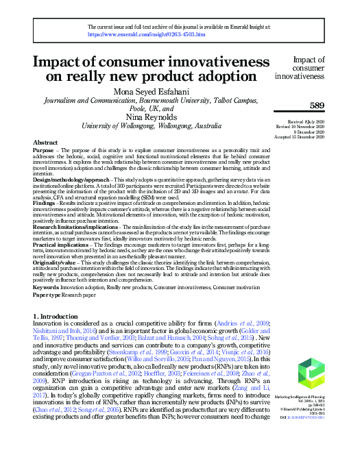 (PDF) Consumer Innovativeness and Really New Product Adoption--Model