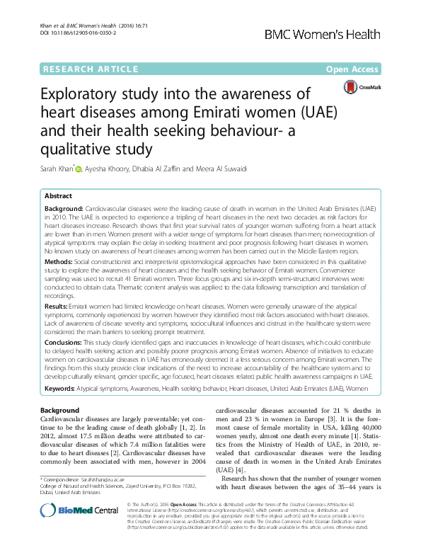 (PDF) Exploratory study into the awareness of heart diseases among Emirati women (UAE) and their ...