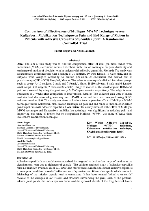 (PDF) Comparison of Effectiveness of Mulligan ‘MWM’ Technique Versus ...