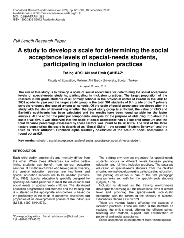 (PDF) A study to develop a scale for determining the social acceptance levels of special-needs ...