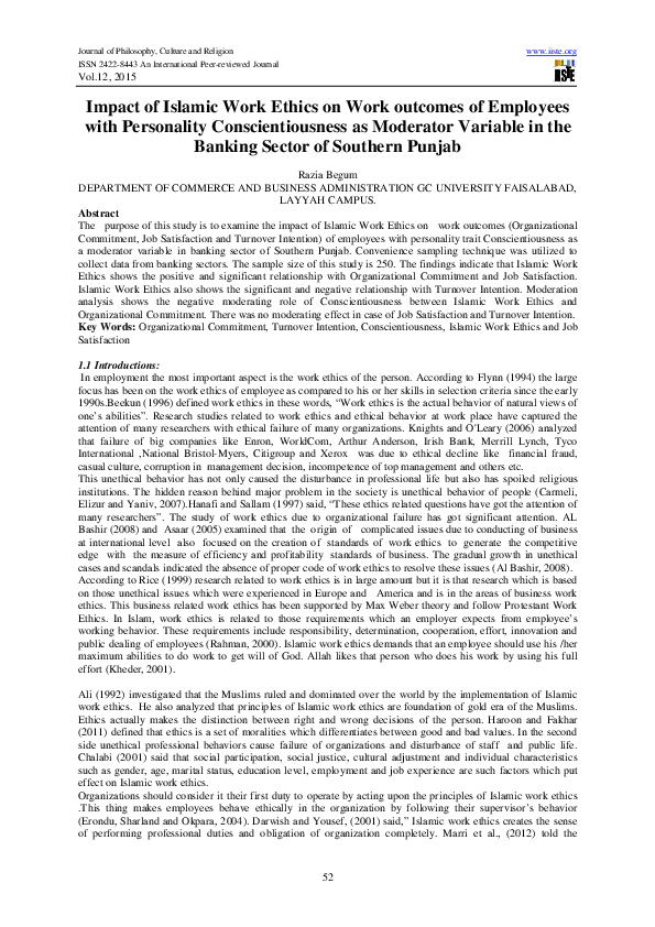 (PDF) Impact of Islamic Work Ethics on Work outcomes of Employees with Personality ...