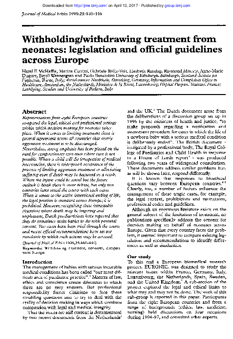 (PDF) Withholding/withdrawing treatment from neonates: legislation and ...