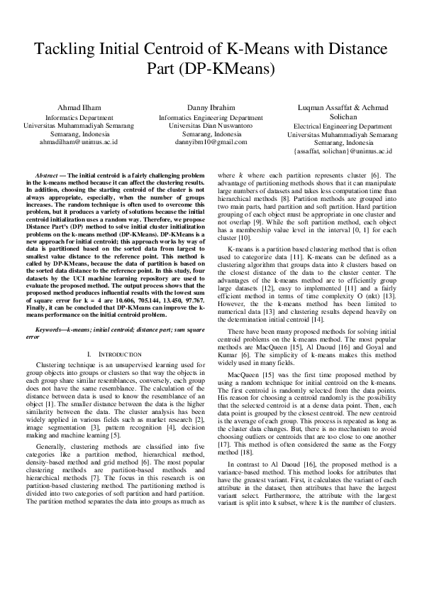 (PDF) Tackling Initial Centroid of K-Means with Distance Part (DP-KMeans)