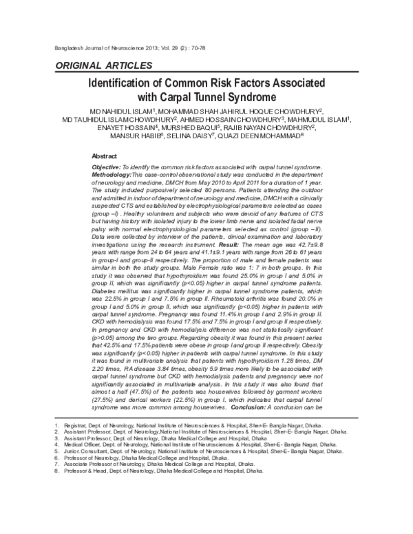 (PDF) Identification of Common Risk Factors Associated with Carpal ...