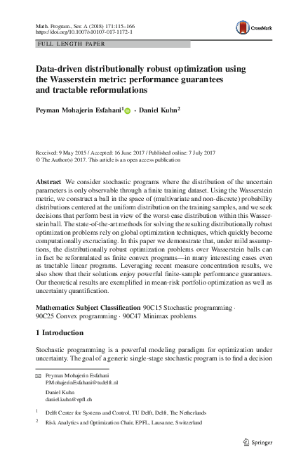 (PDF) Data-driven distributionally robust optimization using the Wasserstein metric: performance ...