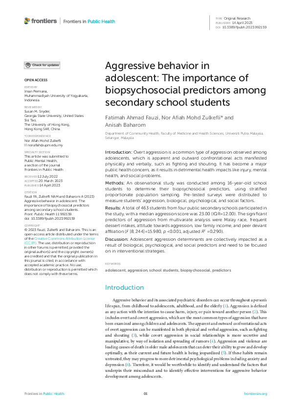 (PDF) Aggressive behavior in adolescent: The importance of ...