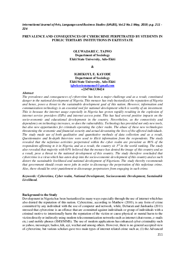 (PDF) Prevalence and Consequences of Cybercrime Perpetrated by Students in Public Tertiary ...