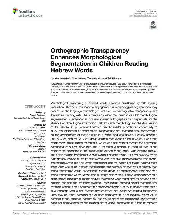 (PDF) Orthographic Transparency Enhances Morphological Segmentation in ...
