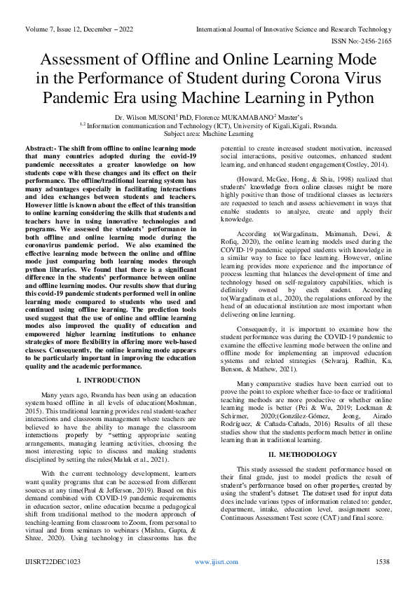 (PDF) Assessment of Offline and Online Learning Mode in the Performance of Student during Corona ...