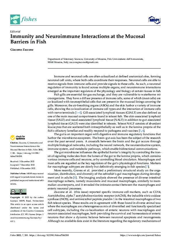(PDF) Immunity and Neuroimmune Interactions at the Mucosal Barriers in Fish