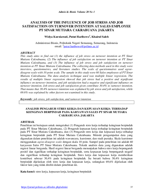 (PDF) Analysis of the Influence of Job Stress and Job Satisfaction on ...