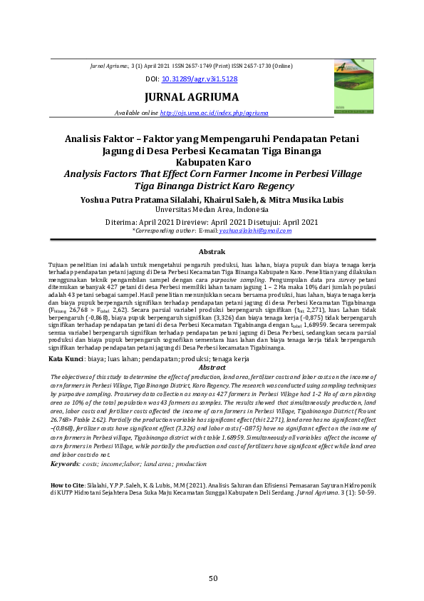 (PDF) Analisis Faktor – Faktor yang Mempengaruhi Pendapatan Petani Jagung di Desa Perbesi ...