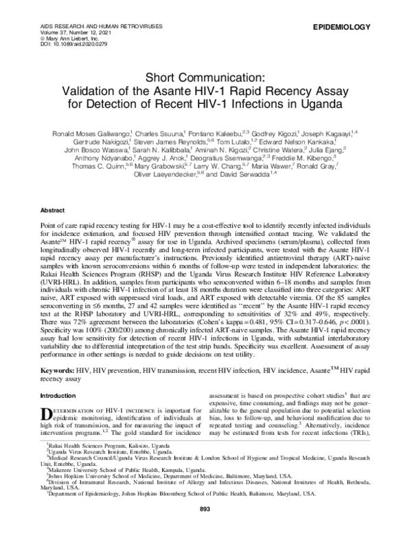 Pdf Short Communication Validation Of The Asante Hiv 1 Rapid Recency