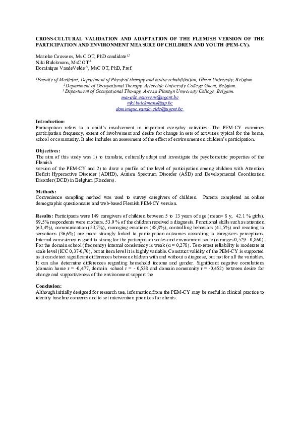 Cross Cultural Validation And Adaptation Of The Flemish Version Of The Participation And
