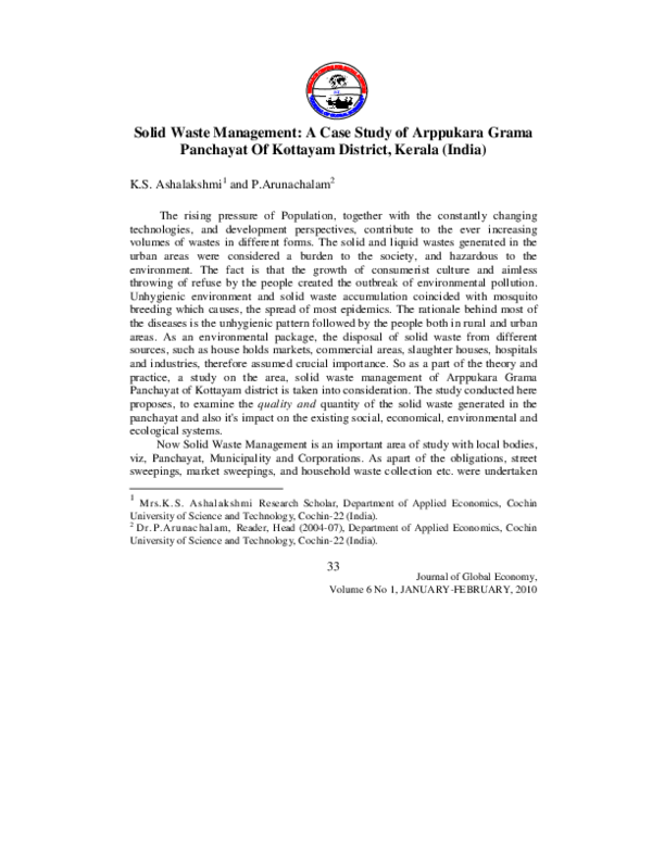 (PDF) Solid Waste Management: A Case Study of Arppukara Grama Panchayat Of Kottayam District ...