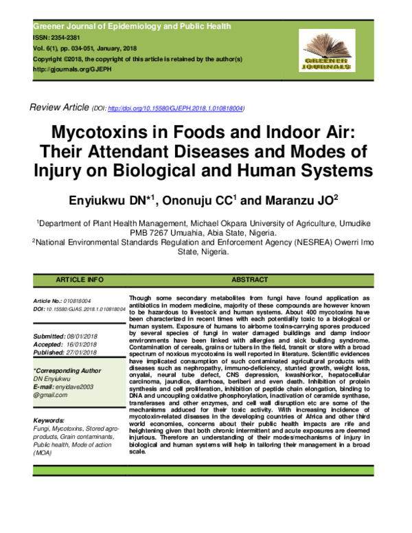 (PDF) Mycotoxins in Foods and Indoor Air: Their Attendant Diseases and Modes of Injury on ...