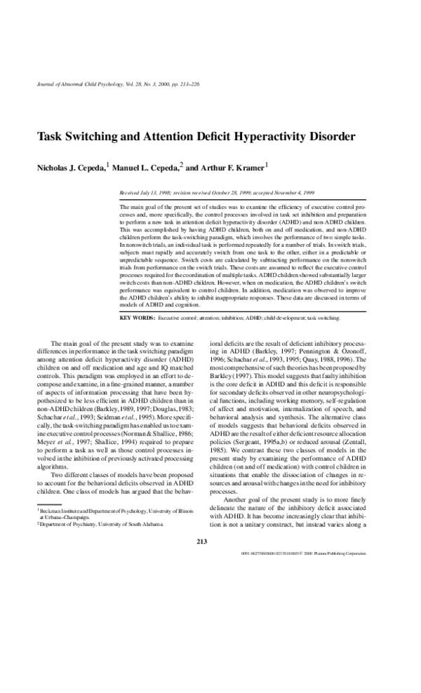 (PDF) Task Switching and Attention Deficit Hyperactivity Disorder